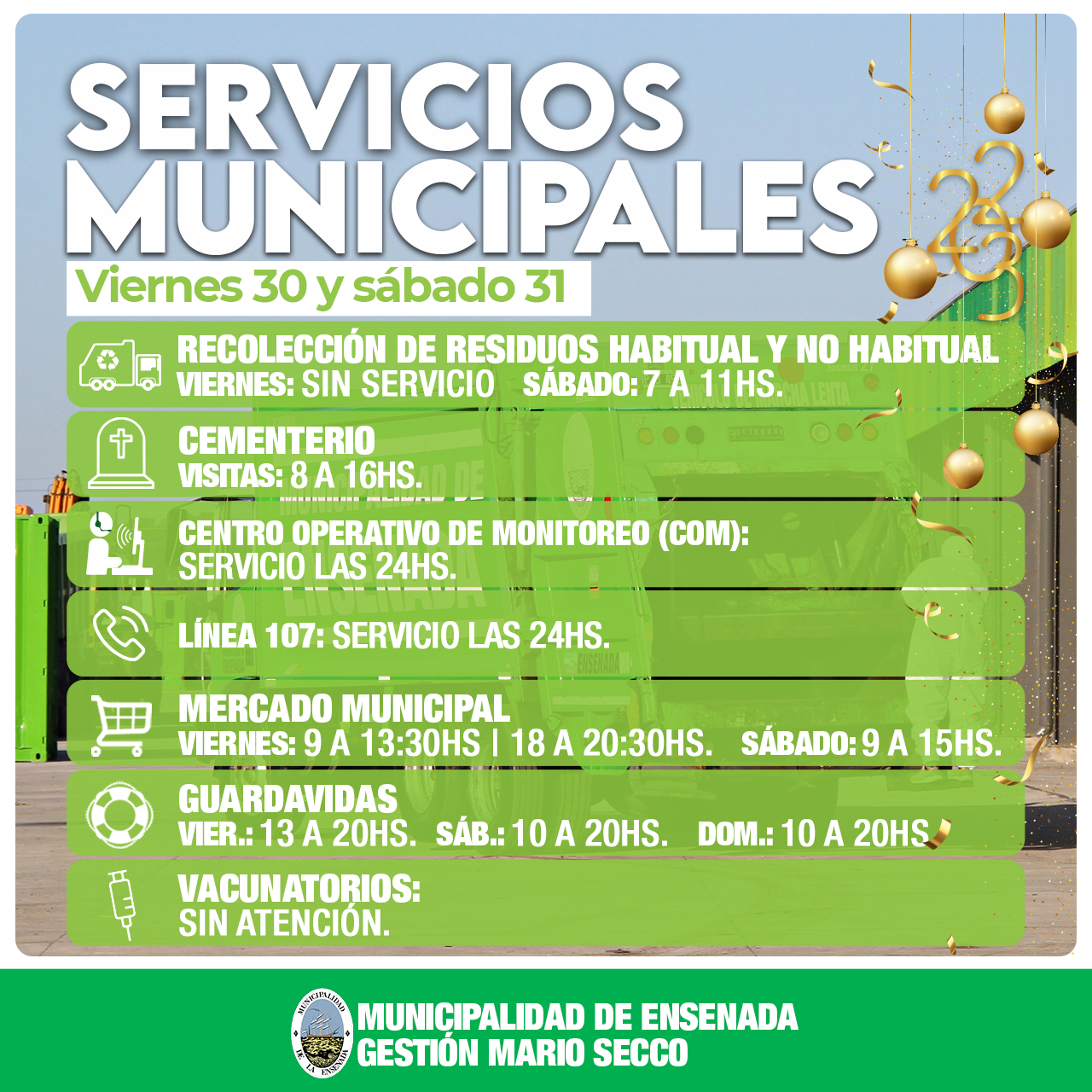 SERIVICIOS MUNICIPALES EL 30 Y 31/12 – Municipalidad de Ensenada